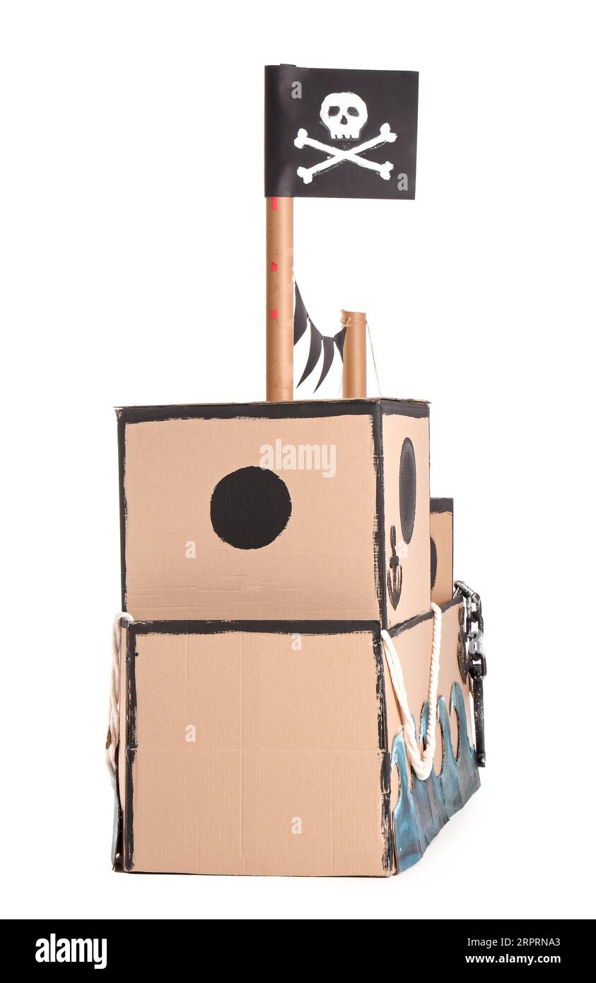Pirate cardboard ship on white background Stock Photo - Alamy
