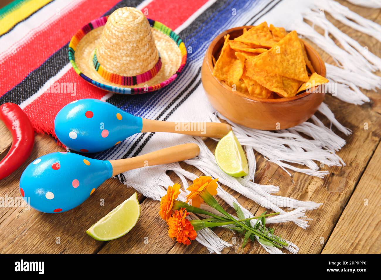 Poncho with food and Mexican symbols for Independence Day on wooden ...