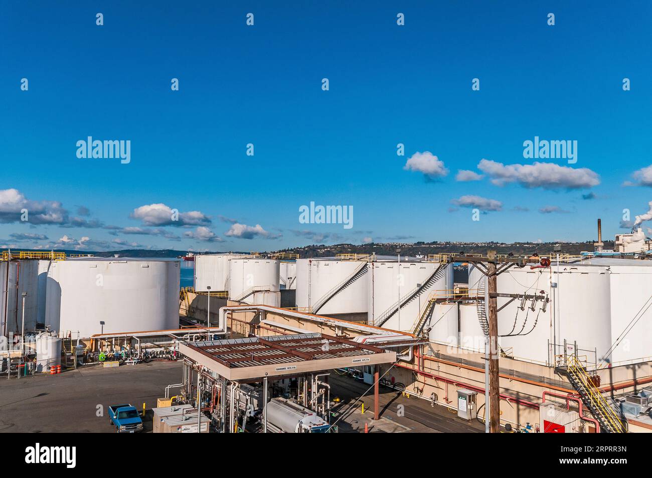 Image of large white storage tanks at the Port of Tacoma from a high ...
