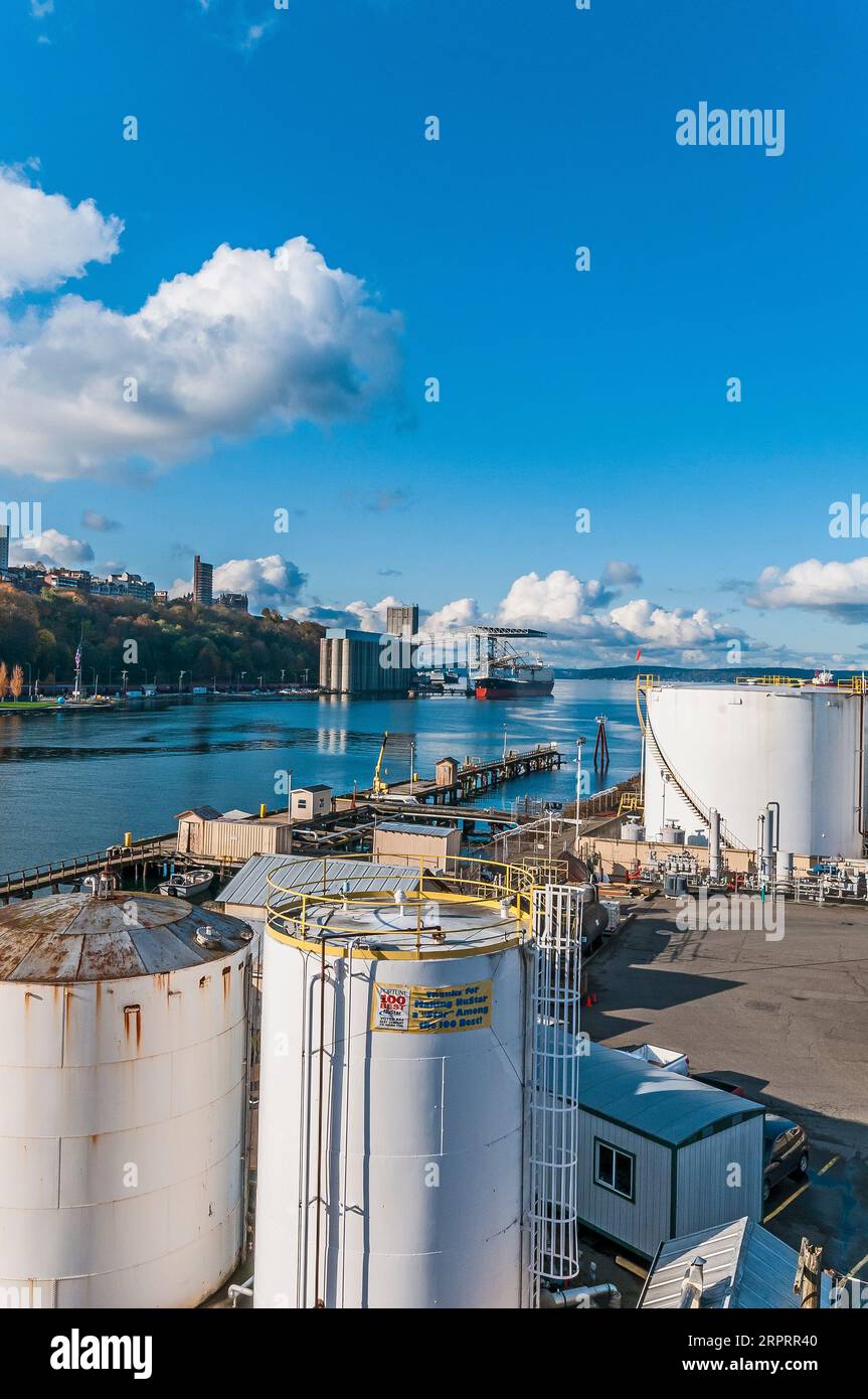 Image of large white storage tanks at the Port of Tacoma from a high ...