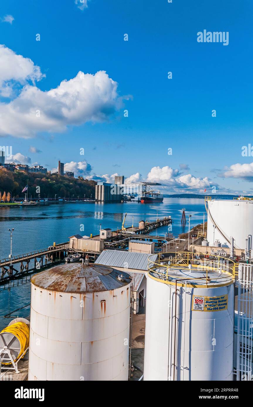 Image of large white storage tanks at the Port of Tacoma from a high ...