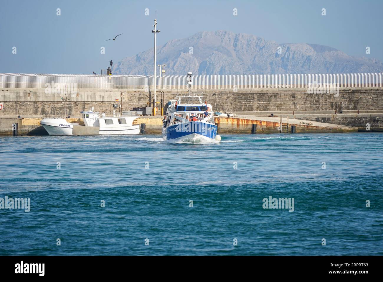 Tarifa Port tourist boat, with mountains of Morrocco. Jebel Musa behind ...