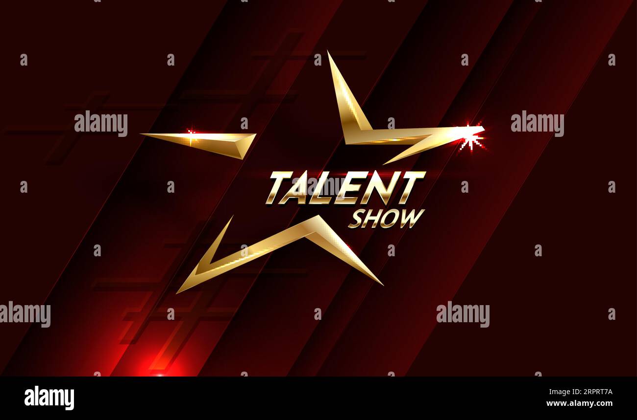 Golden talent show text in the star over red curtain. Event invitation ...