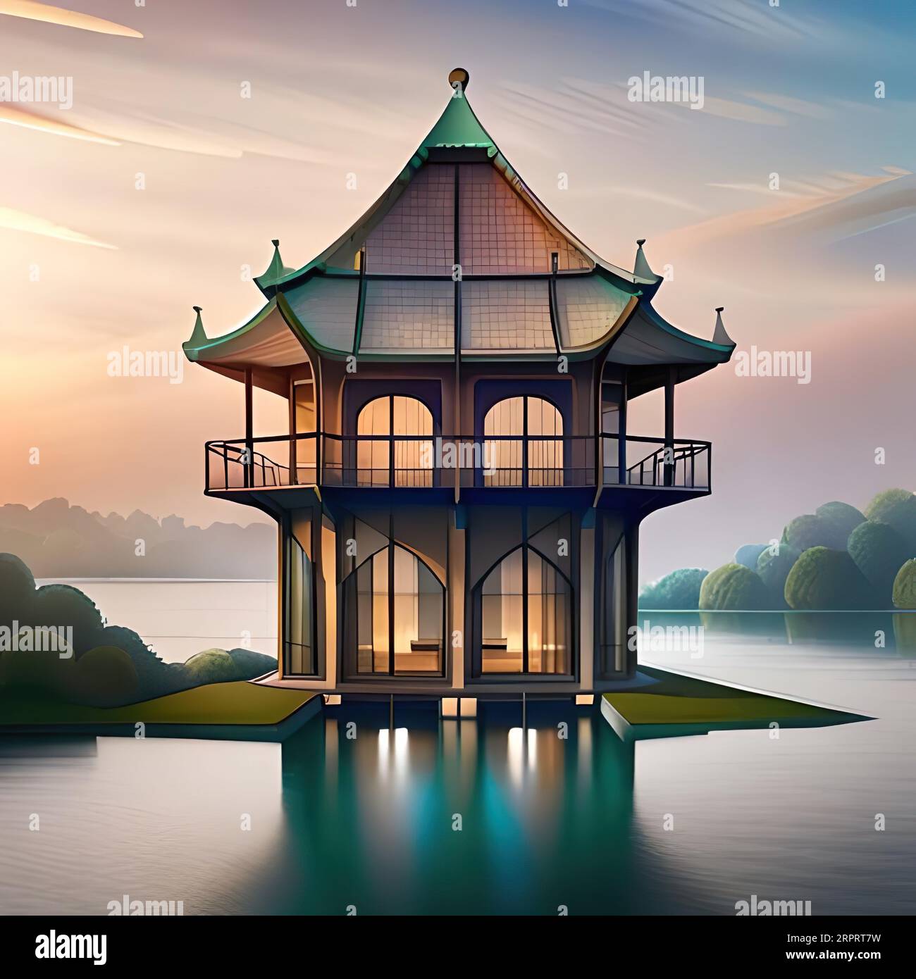 Casa moderna arquitectura japonesa en lago, tonos verdes, render. House ...