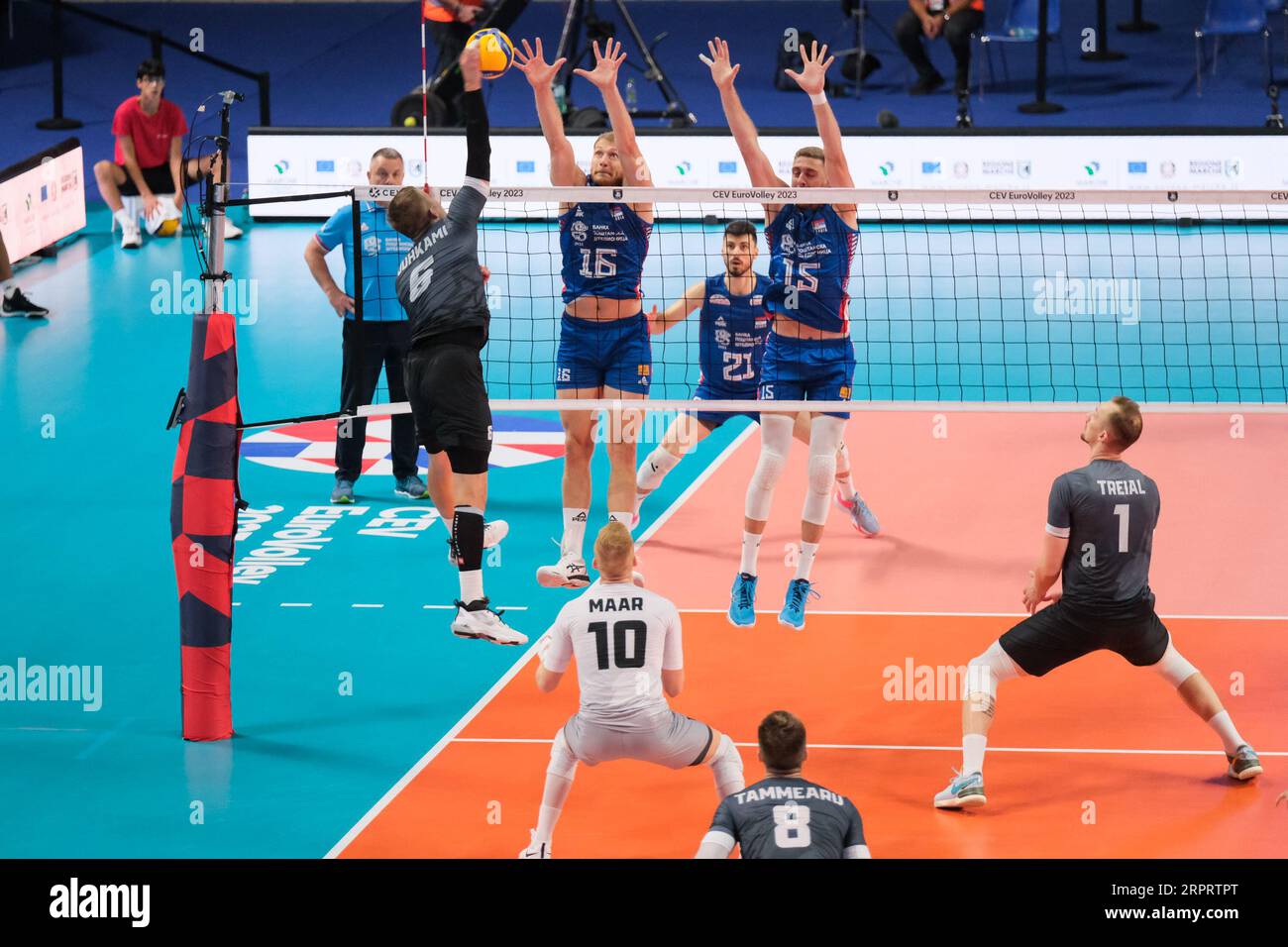 Martti Juhkami of Estonia (L), Dra en Luburi? (C) and Nemanja Masulovic of Serbia (R) seen in ...