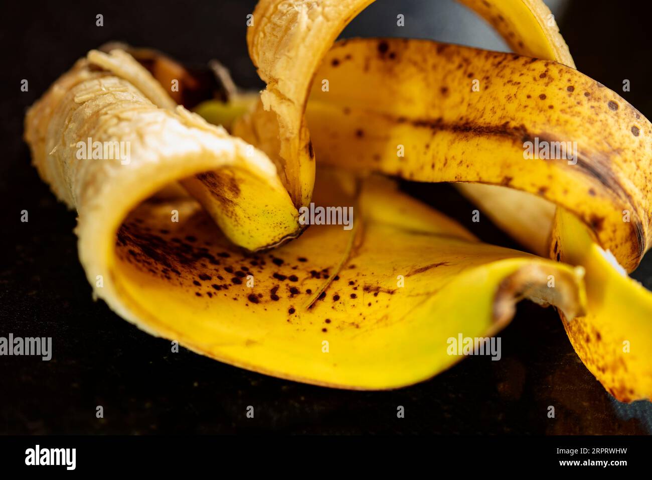 Very close up food element still life of speckled banana skin Stock ...