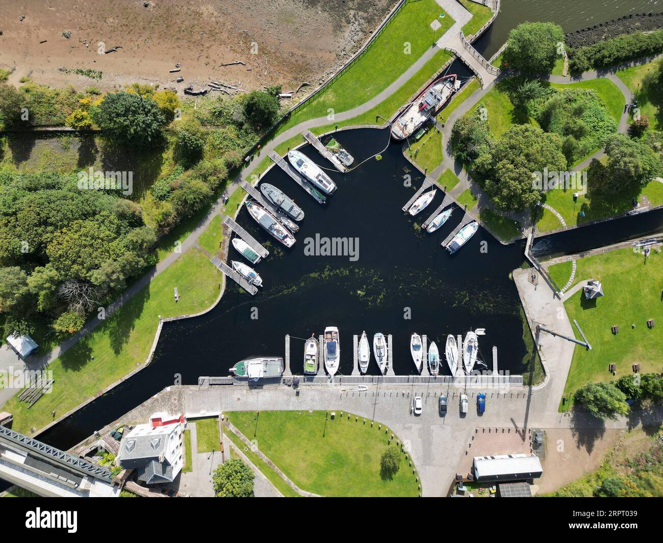 Aerial drone view of Bowling Basin and harbour Forth and Clyde Canal ...