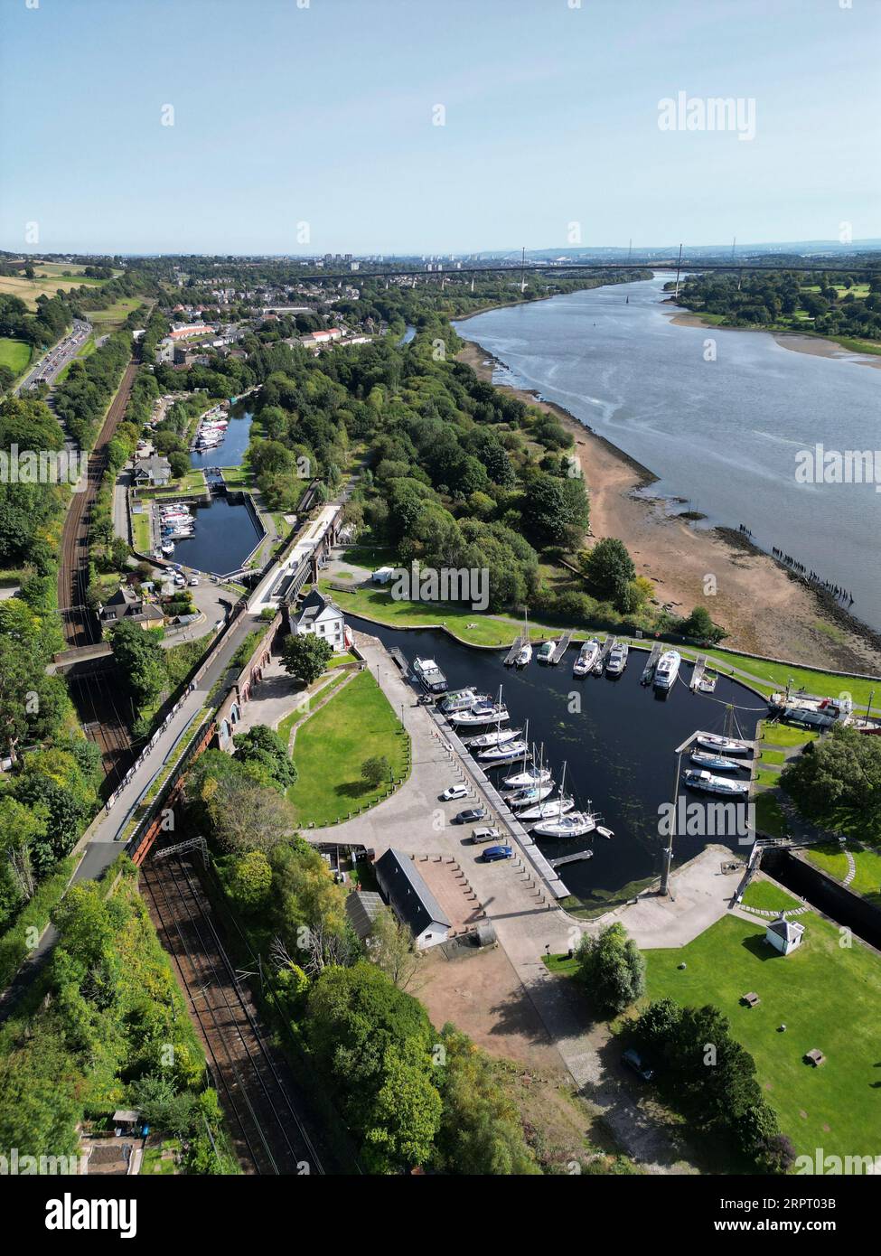 Aerial drone view of Bowling Basin and harbour Forth and Clyde Canal ...