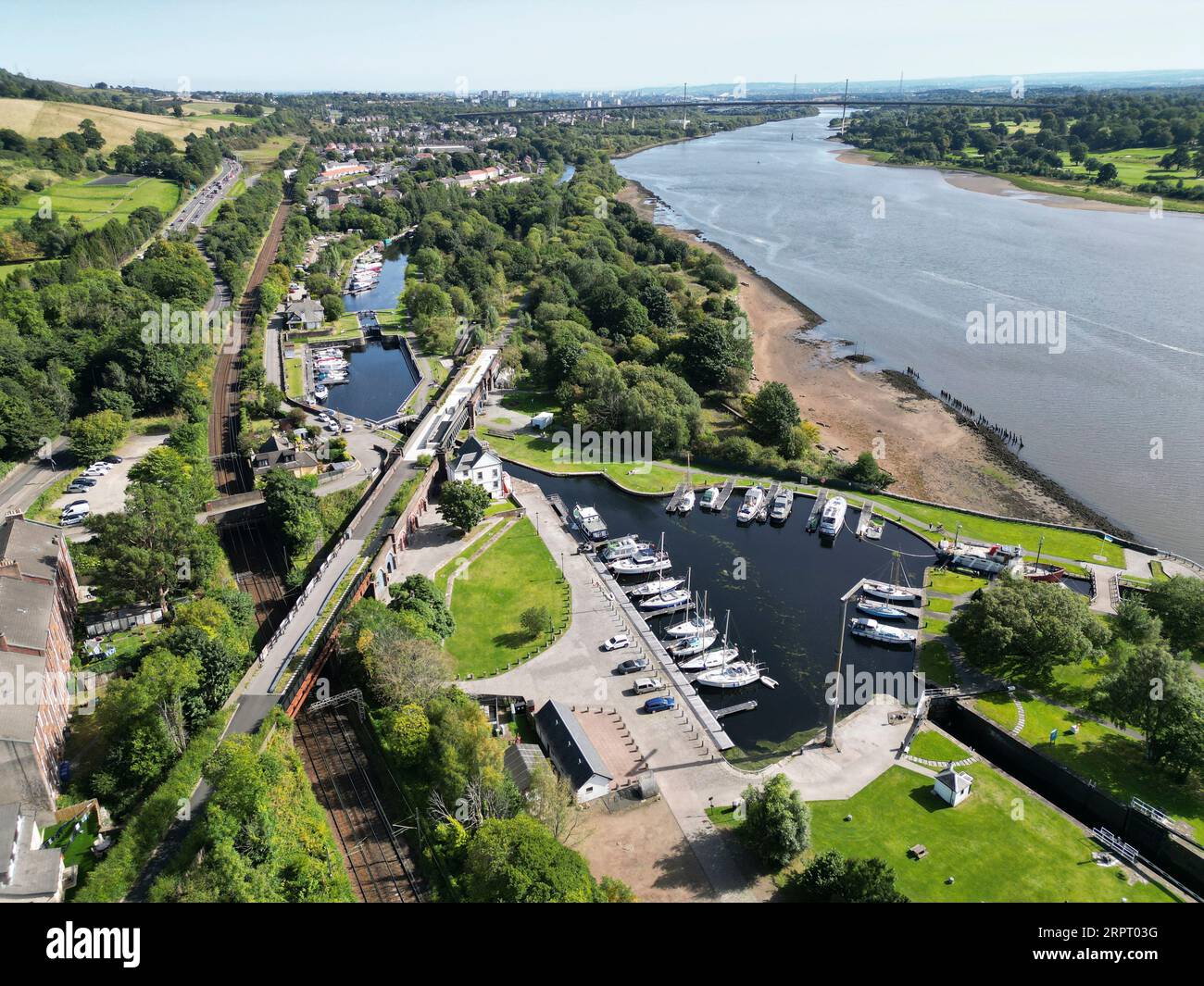 Aerial drone view of Bowling Basin and harbour Forth and Clyde Canal ...