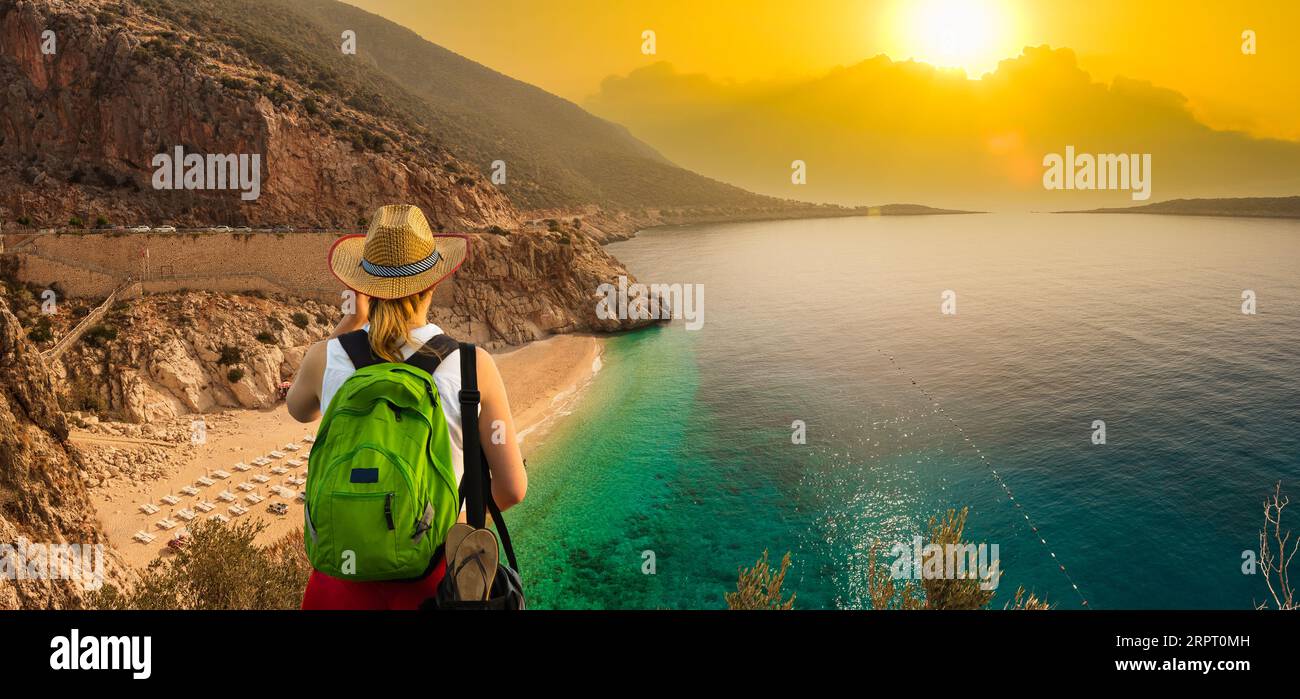A tourist woman on Kaputas beach. Wonderful Mediterranean coastal ...