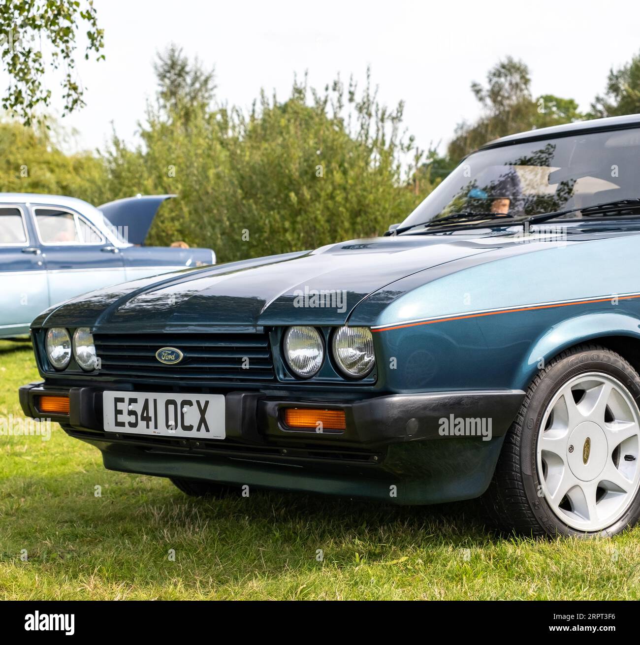 Close up of the front end of a vintage Ford Capri car on display at the ...