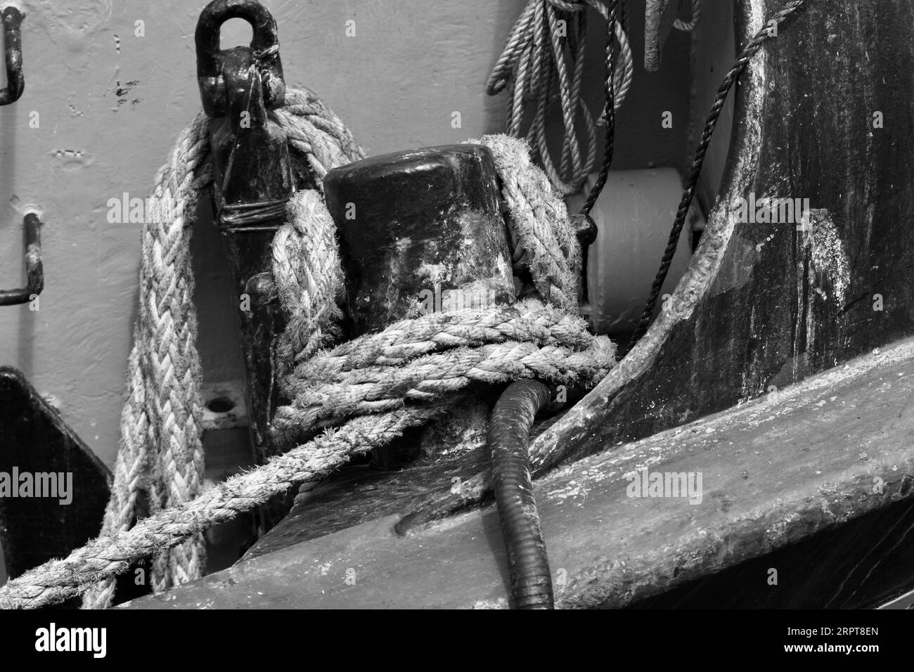 Large iron grappling hooks and thick ropes ropes on the boardwalks ...