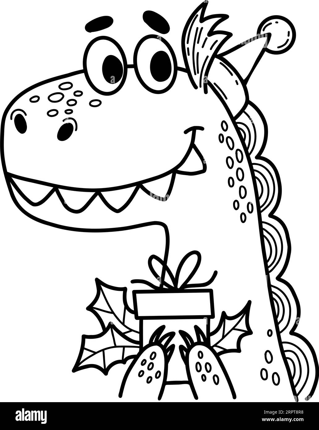 Cute winter dragon santa with Christmas gift with holly. Vector ...