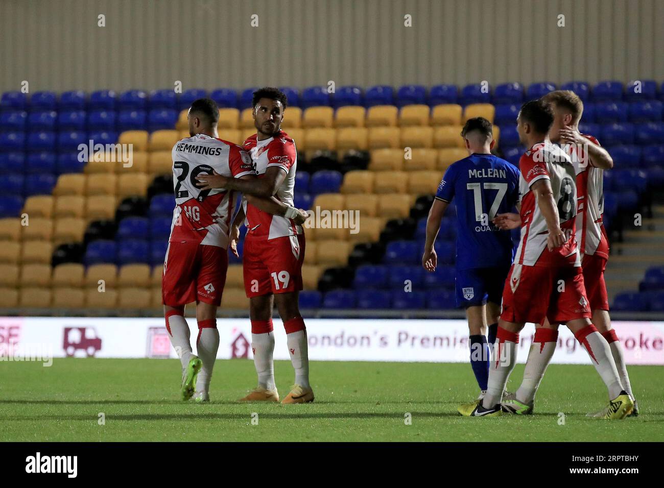 London, UK. 05th Sep, 2023. GOAL: Jamie Reid of Stevenage celebrates ...