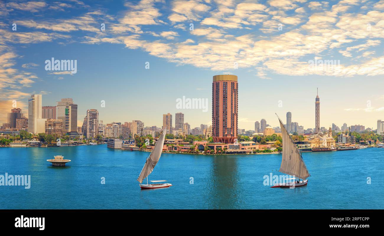View on the sailboats in the Nile, TV tower and the river bank, Cairo ...