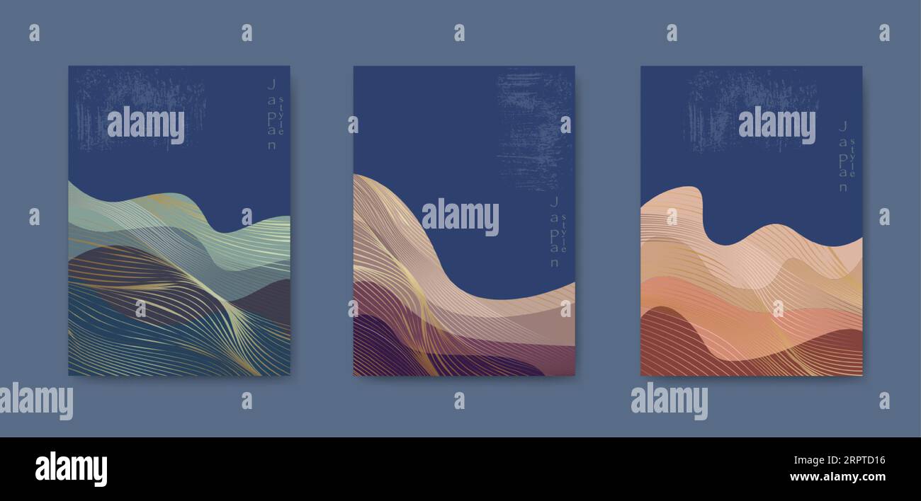 Japanese wave pattern with abstract landscape art background vector. Water surface and ocean ...