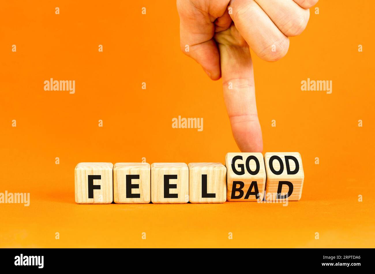 Feel good or bad symbol. Businessman turns wooden cubes and changes ...