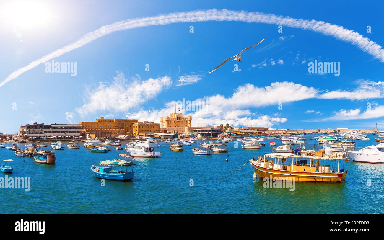 Boats by the seashore of ancient city Alexandria in Egypt Stock Photo ...
