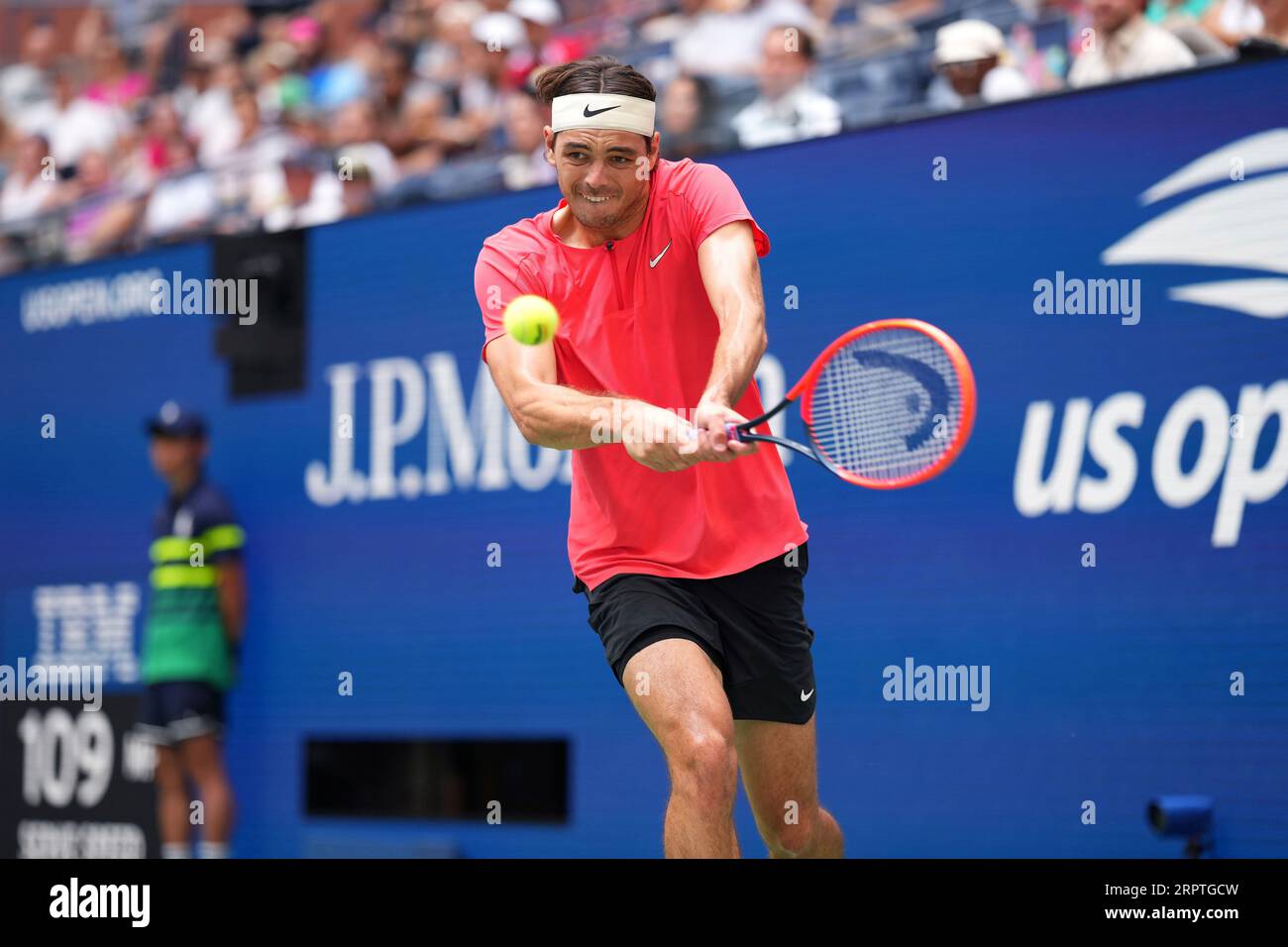 Taylor Fritz in action during a men's singles quarterfinal match at the ...