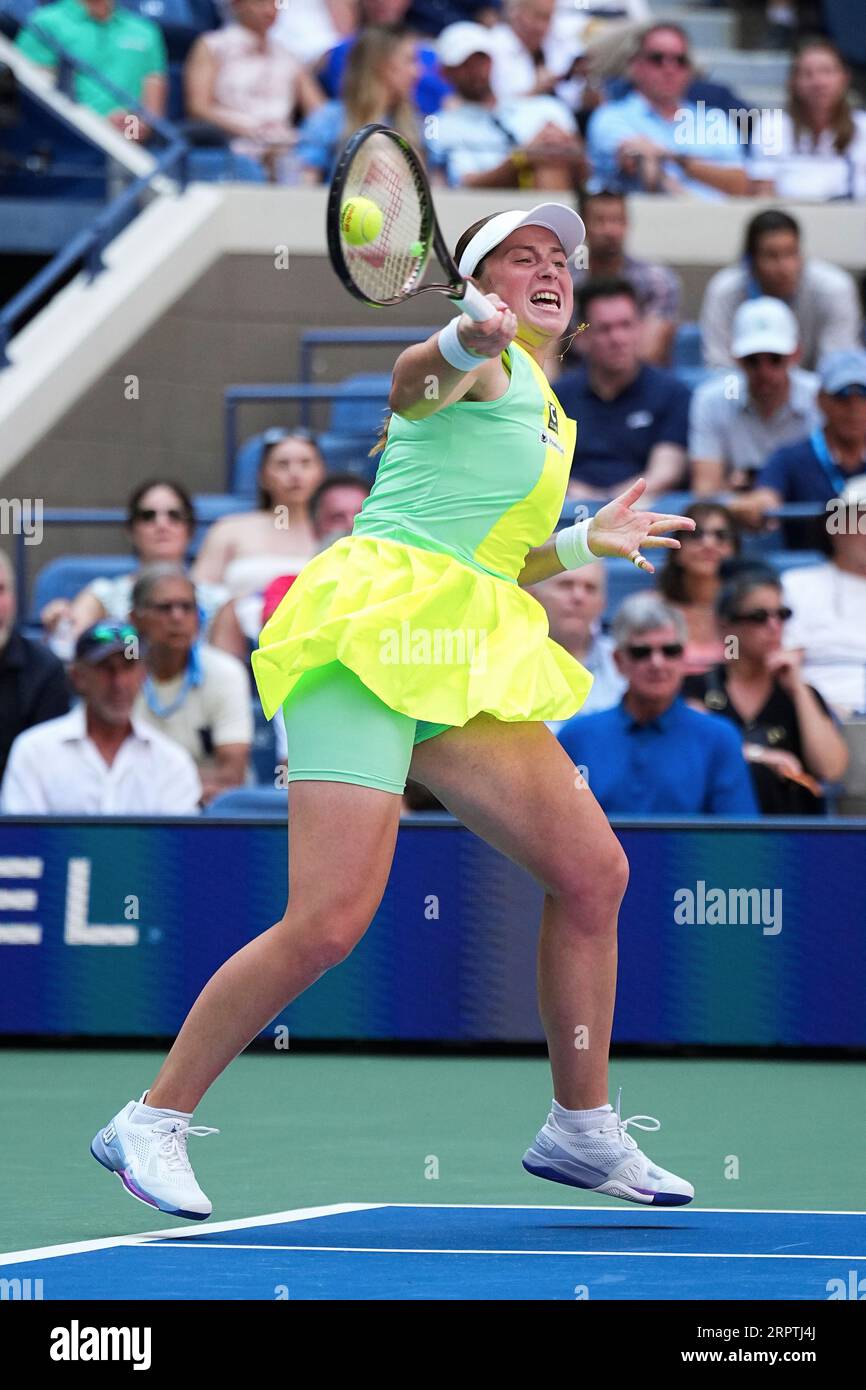 Jelena Ostapenko in action during a women's singles quarterfinal match ...