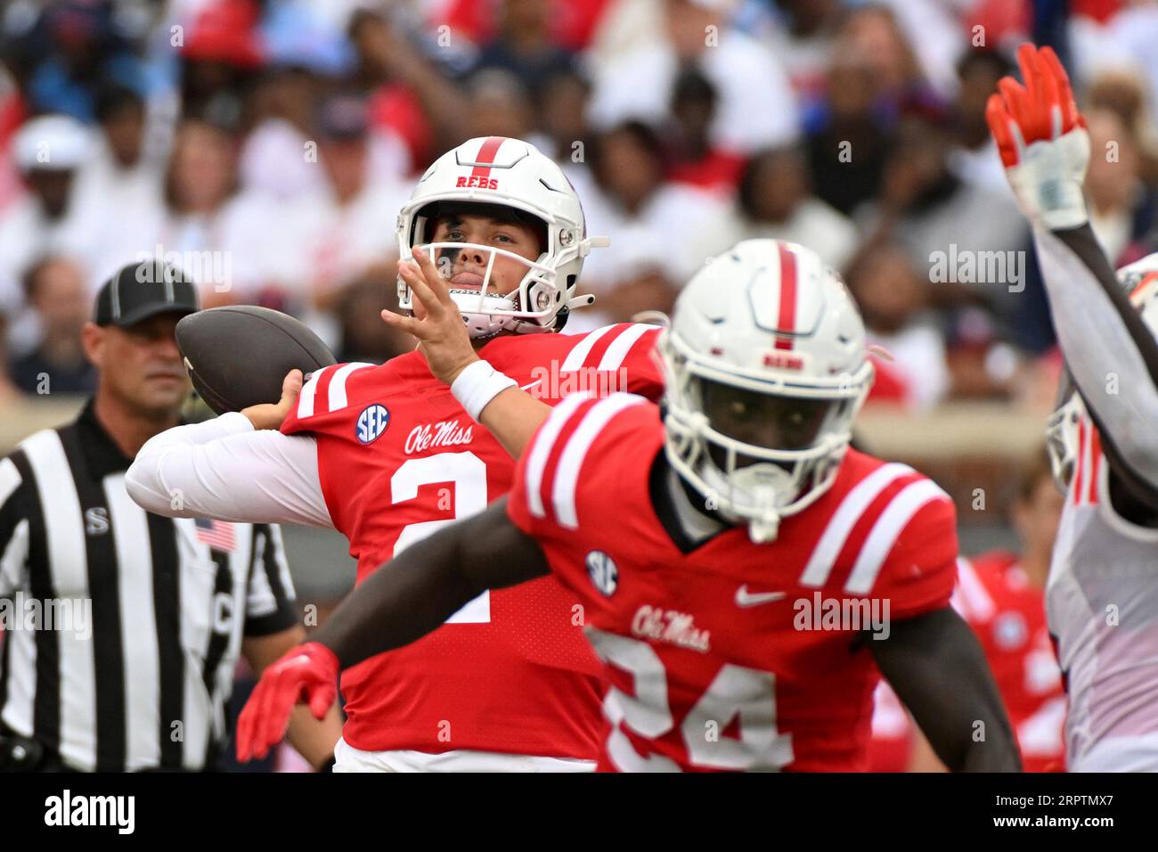 Mississippi quarterback Jaxson Dart (2) looks to pass during the first ...