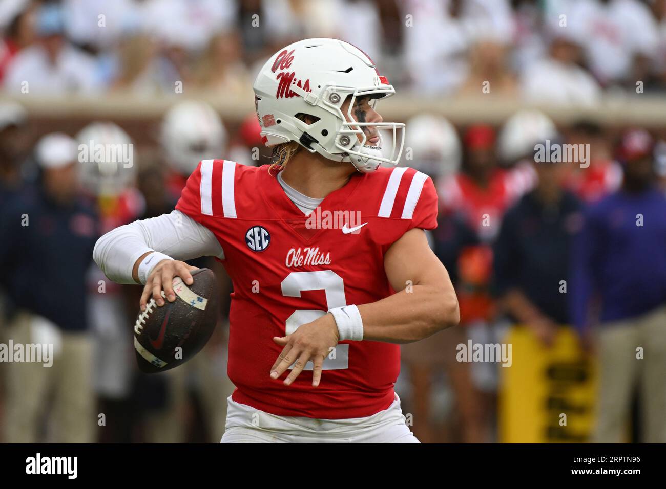 Mississippi quarterback Jaxson Dart (2) looks pass during the first ...