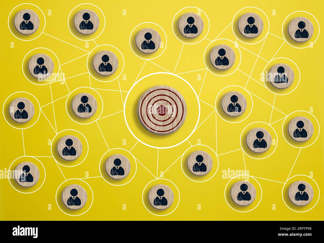 Wooden round target and wooden cubes with figure icon are connected ...