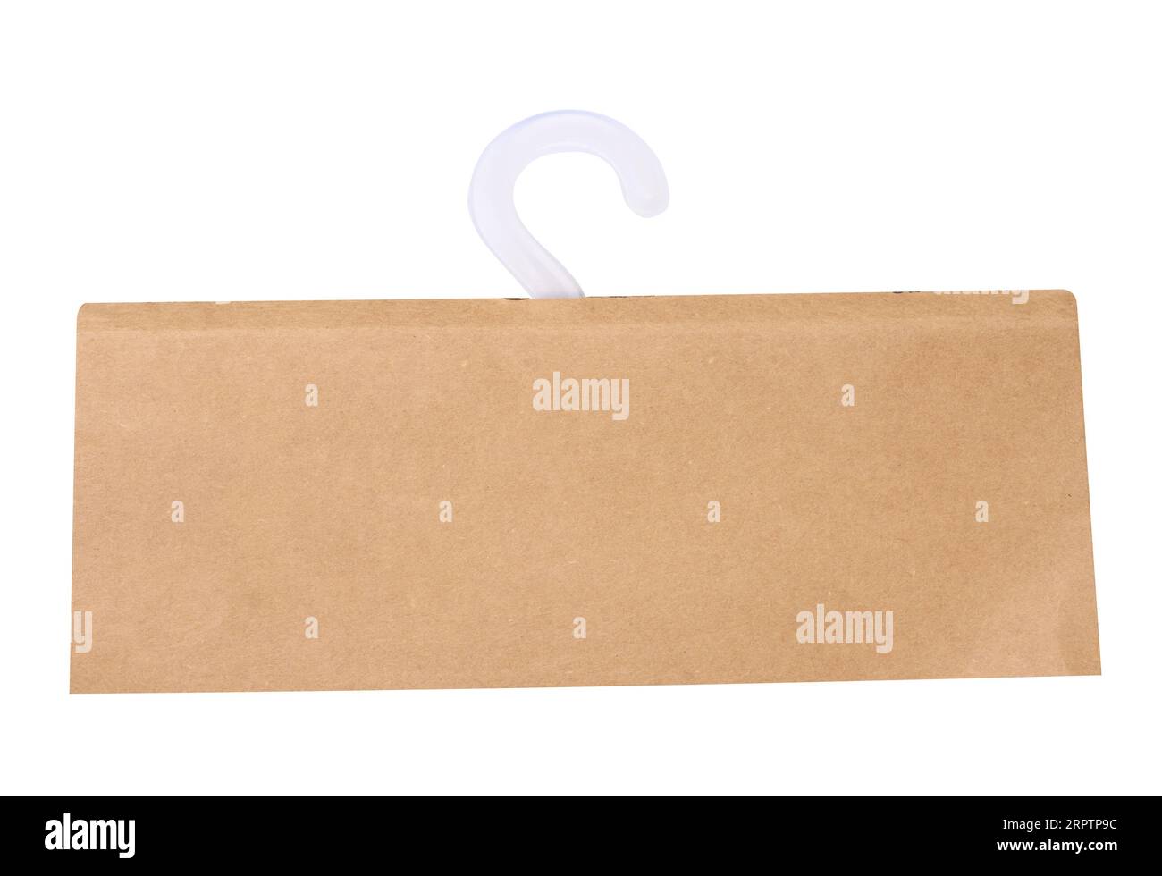 Paper label with a plastic hook for the sale of products on a white ...