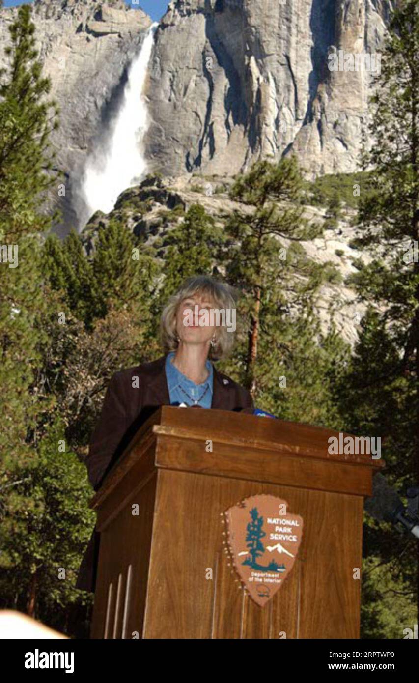 Secretary Gale Norton speaking at press conference during visit to ...
