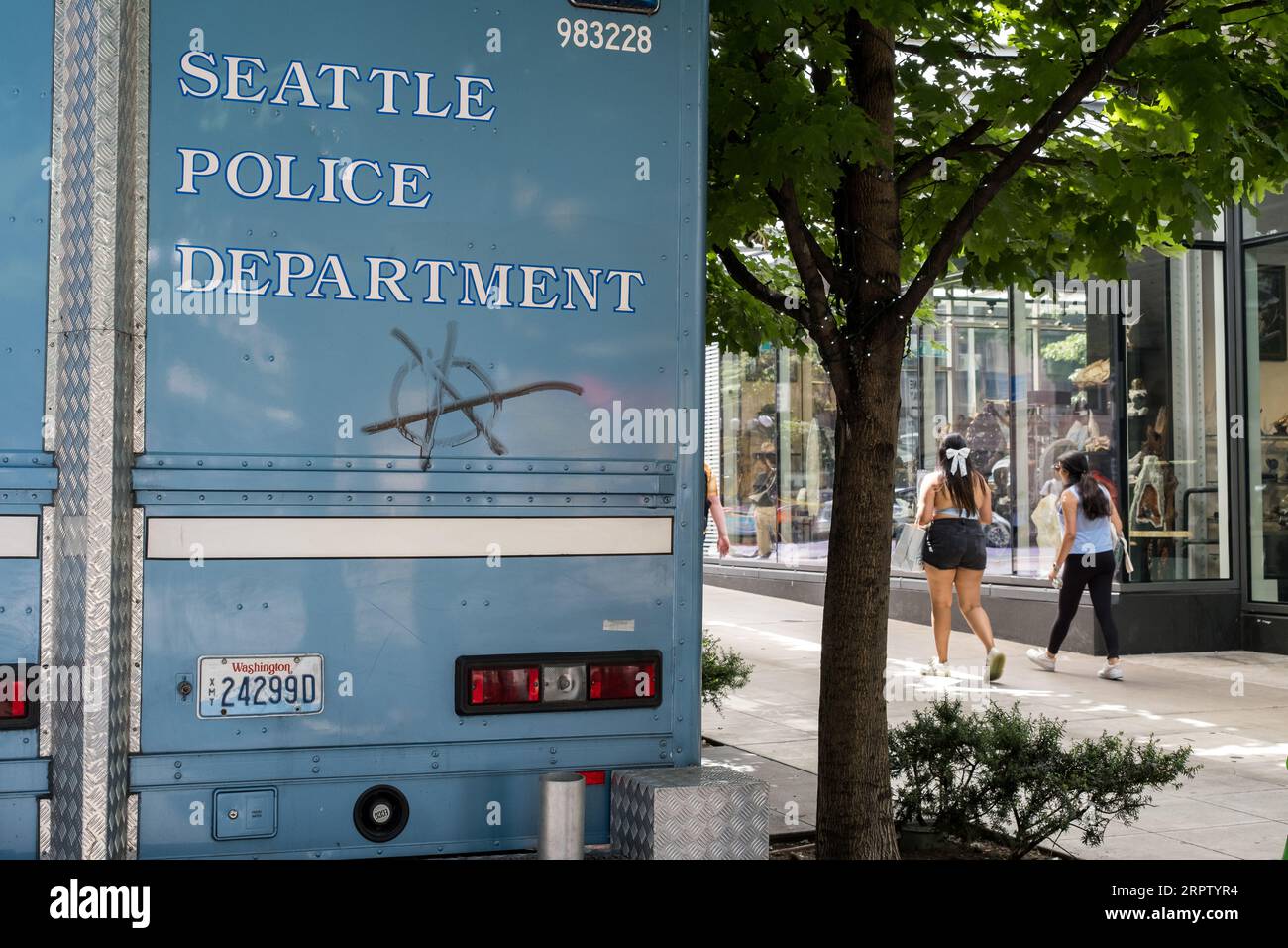 Seattle, USA. 14th July, 2023. Anarchy tag on the SPD police mobile ...