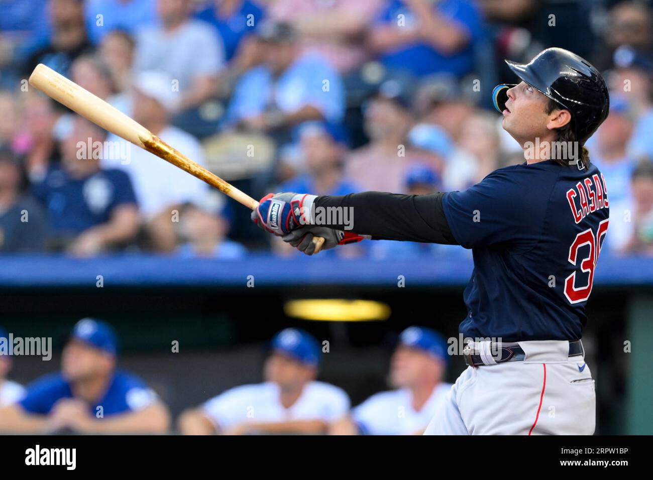 Boston Red Sox's Triston Casas hits a home run against the Kansas City Royals during the first ...