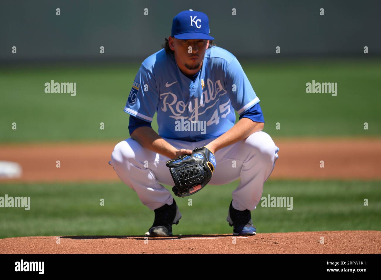 Kansas City Royals starting pitcher Taylor Clarke waits to start the ...