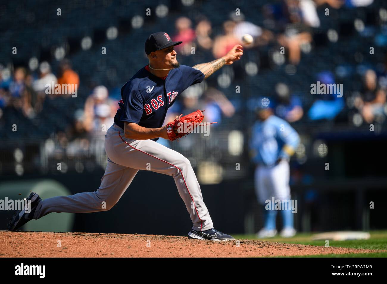 Boston Red Sox relief pitcher Brennan Bernardino throws to a Kansas ...