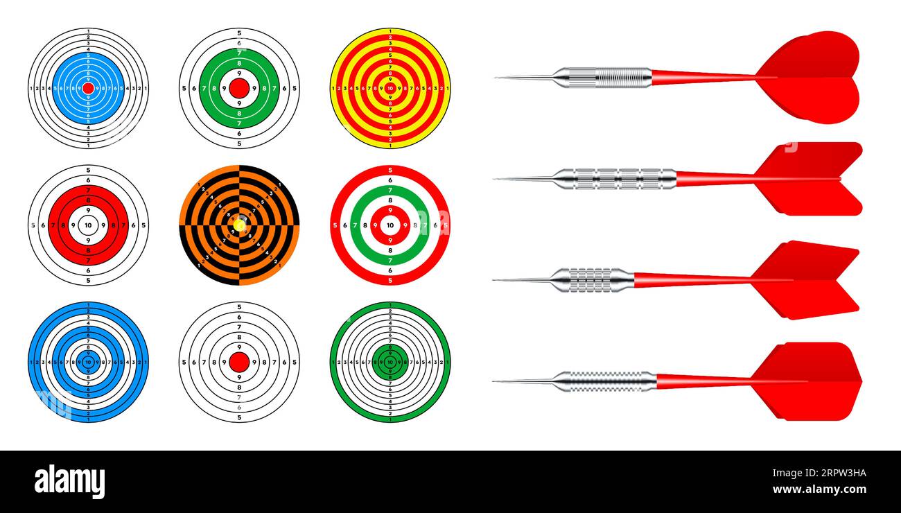 Paper targets with dart arrows. Shooting range round target, divisions ...