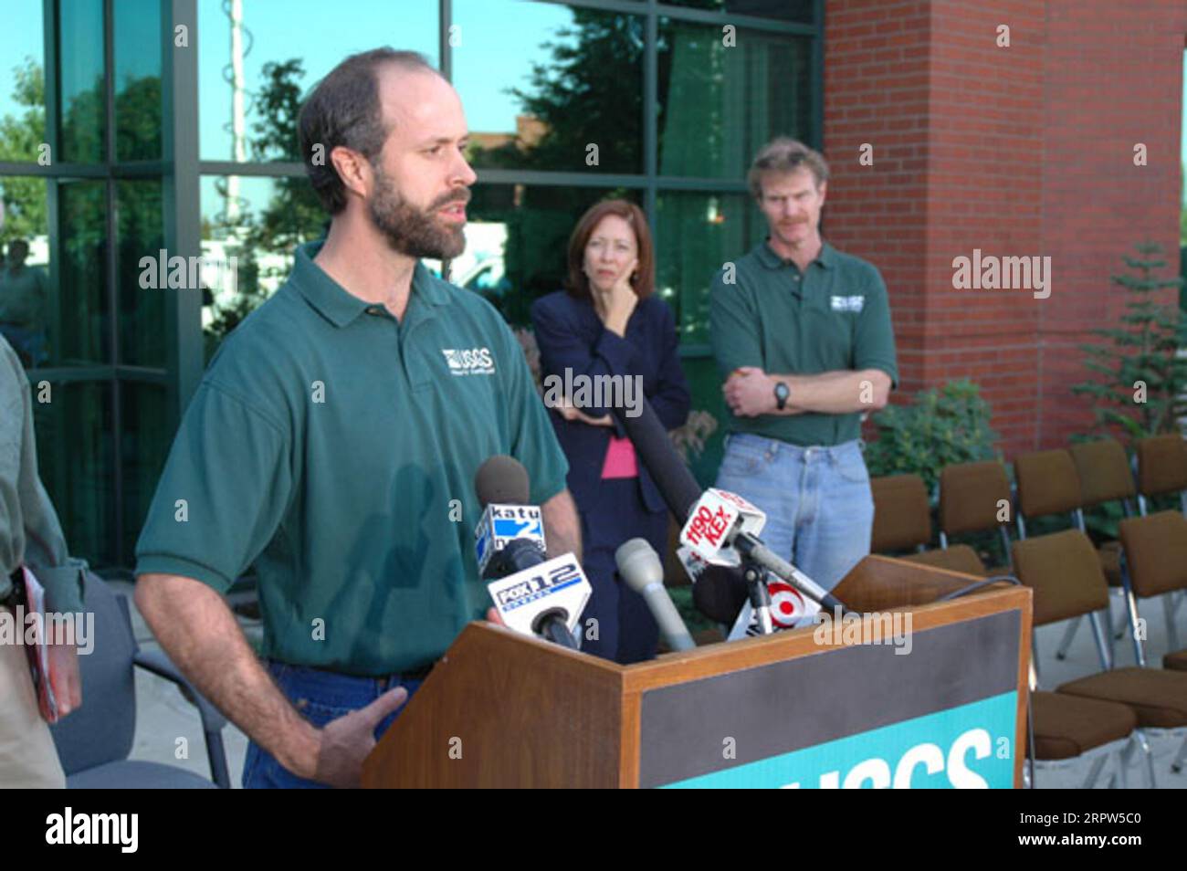 U.S. Geological Survey seismologist Seth Moran at the podium during ...