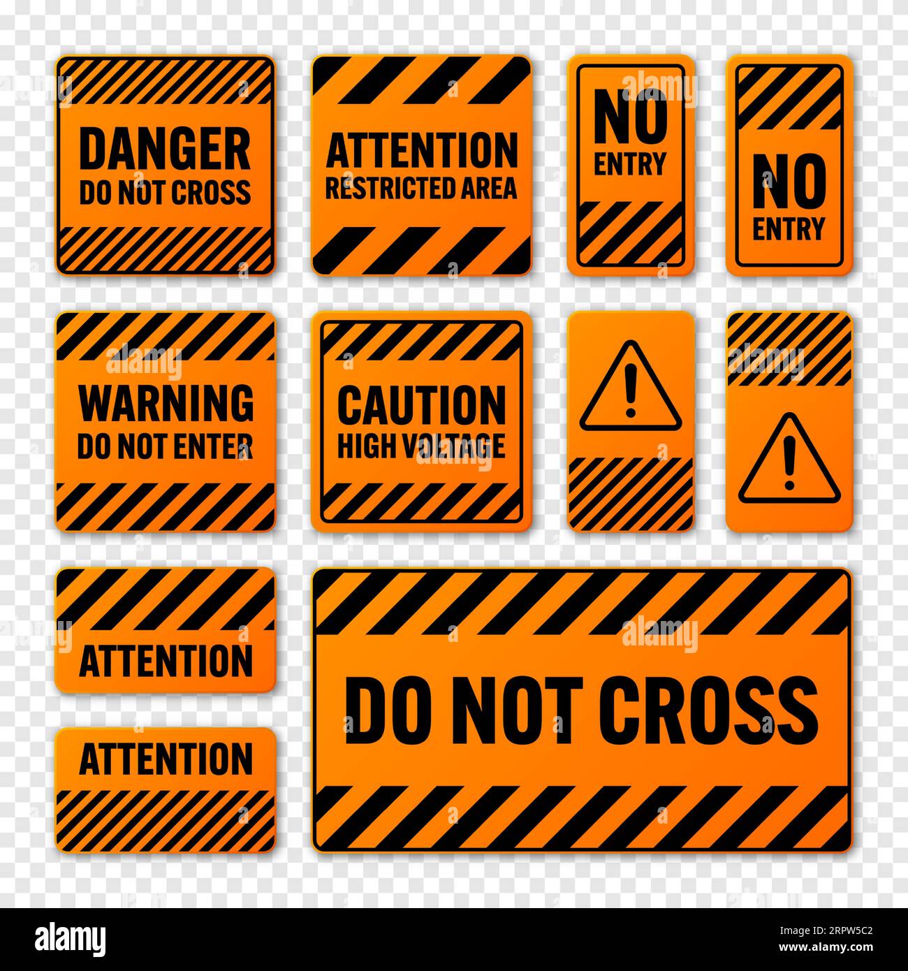 Various black and orange warning signs with diagonal lines. Attention ...