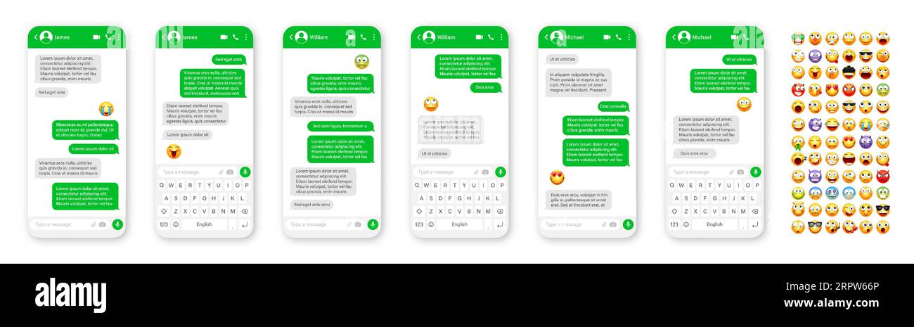 Smartphone messaging app, user interface design with emoji. SMS text ...