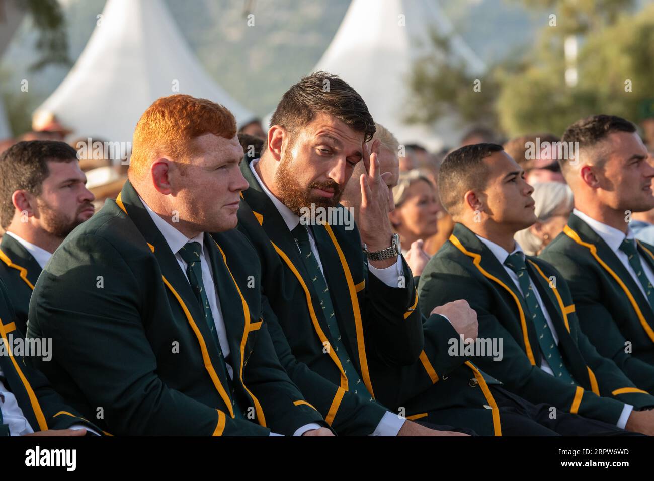 Payers of he South African rugby team are seen at the ceremony. The ...