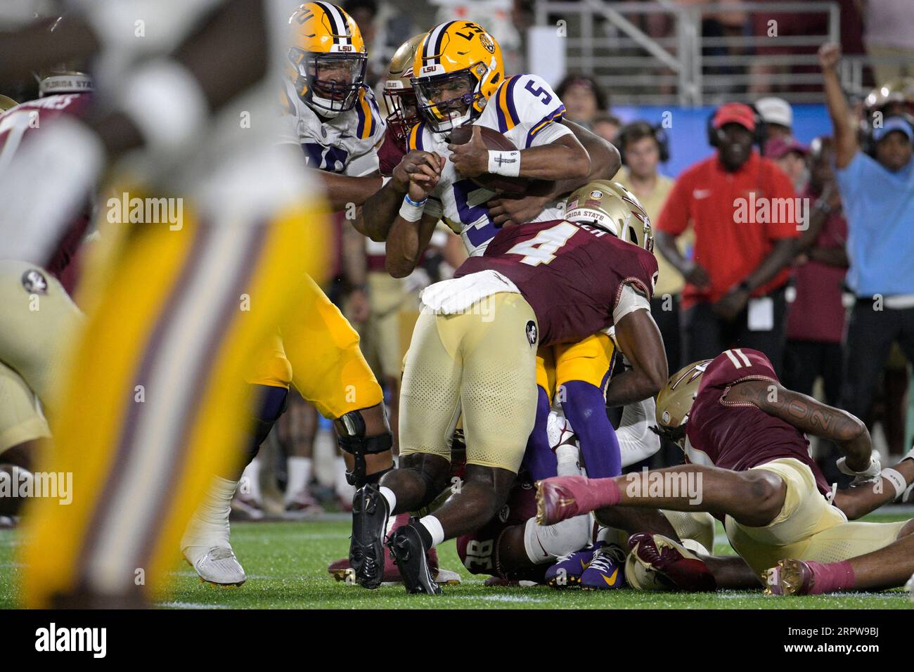 LSU quarterback Jayden Daniels (5) is sacked by Florida State ...