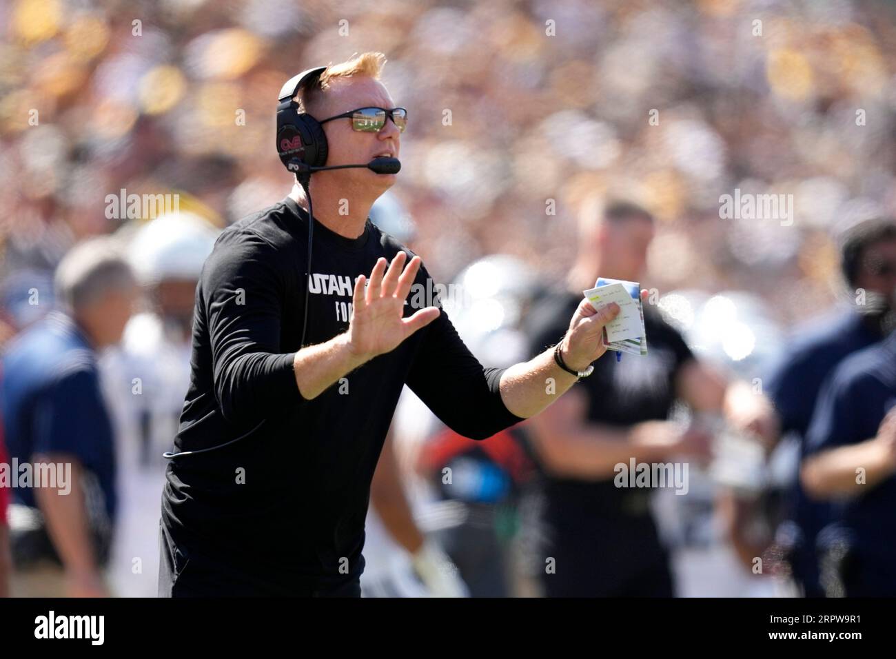 Utah State head coach Blake Anderson watches from the sideline during ...