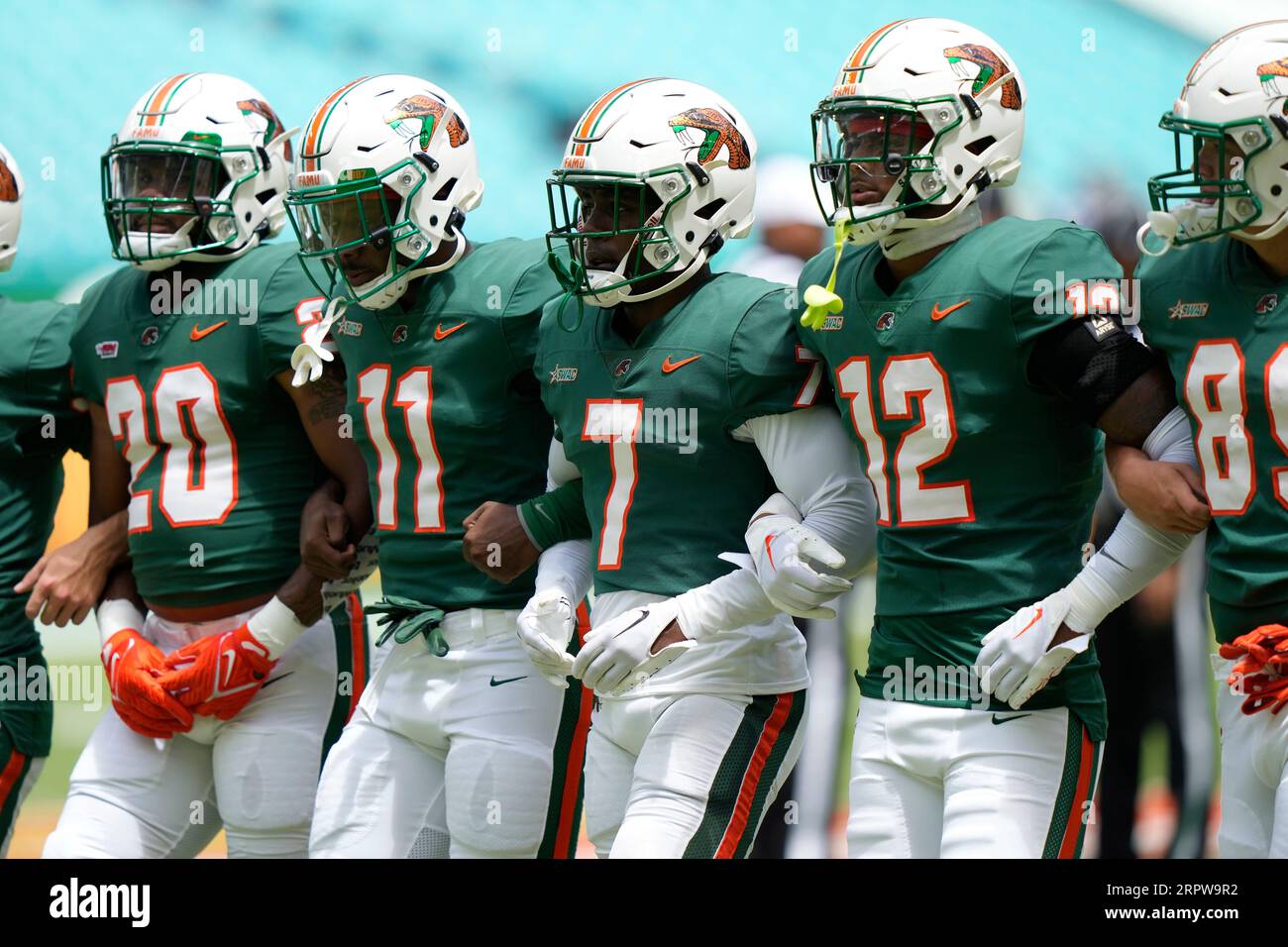 Florida A&M defensive back Tevin Griffey (7) stands with his teammates ...