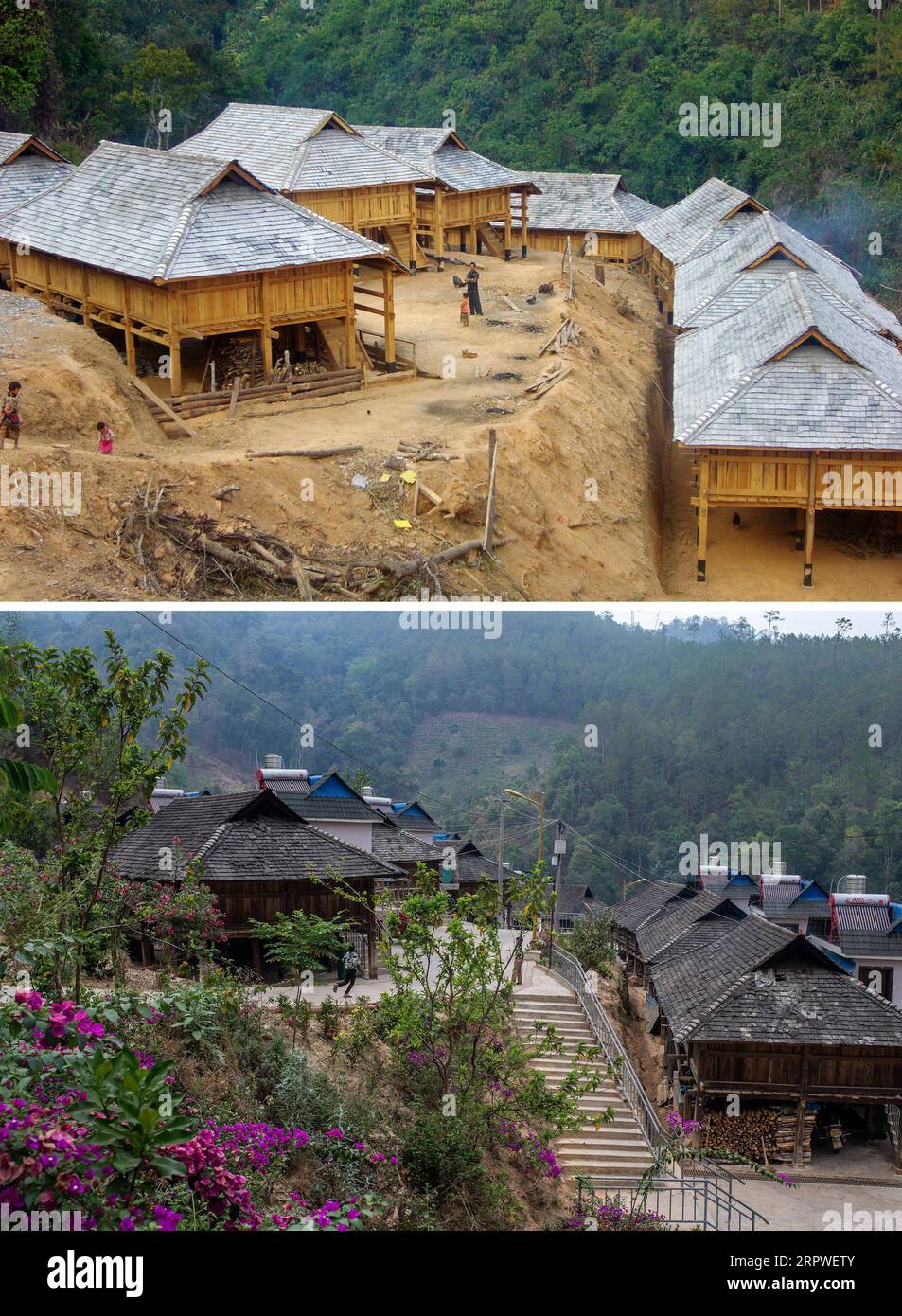 200426 -- MENGHAI, April 26, 2020 -- Combo photo shows the relocated ...