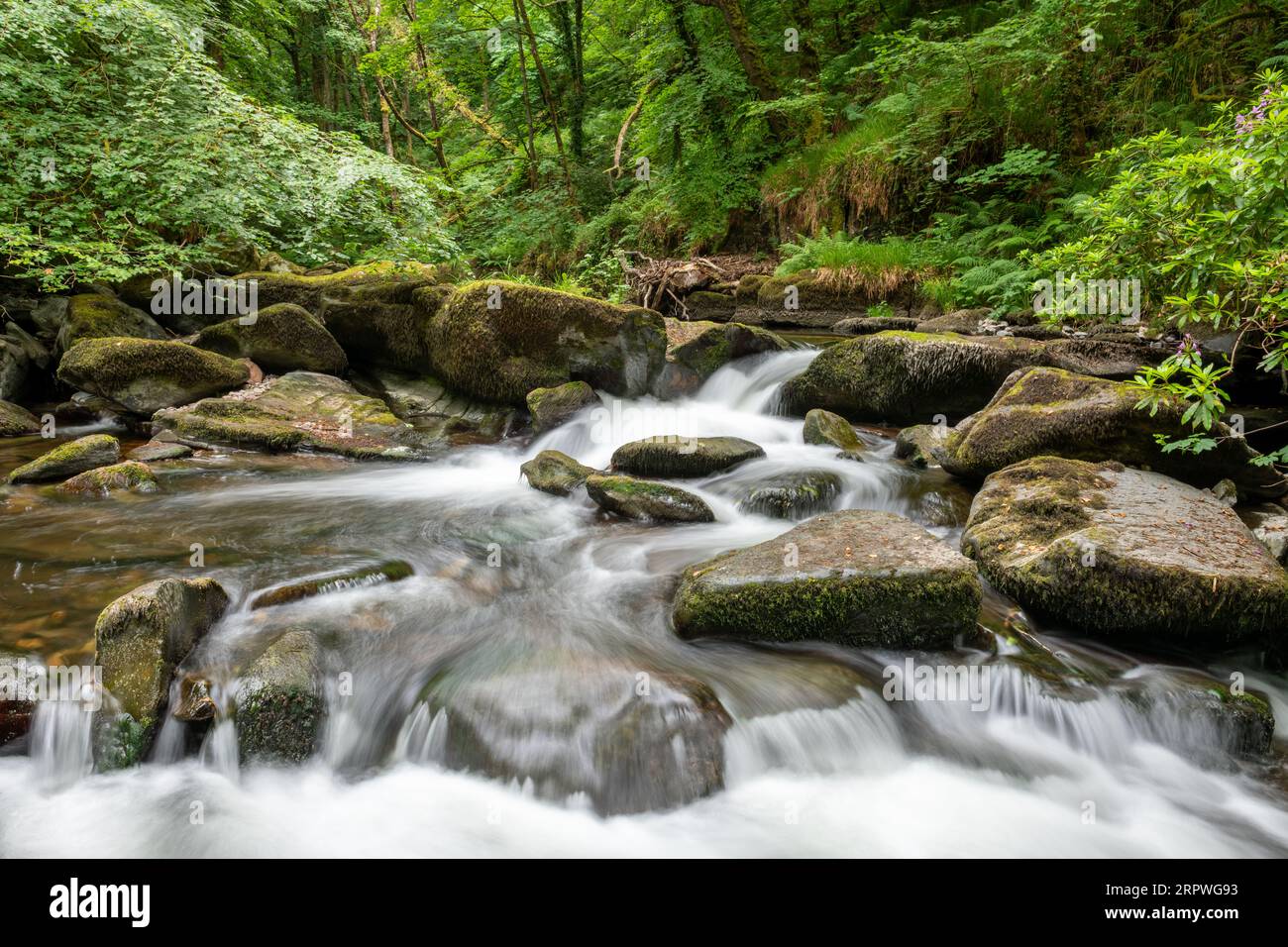 Long exposure of a waterfall on the East Lyn river flowing through the ...