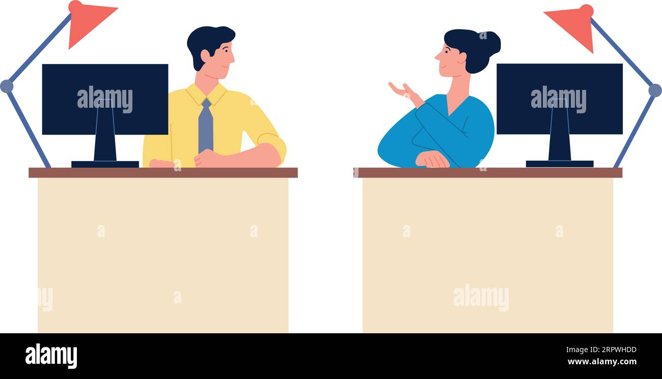 Colleagues talking at workplace. Office worker computer desks Stock ...