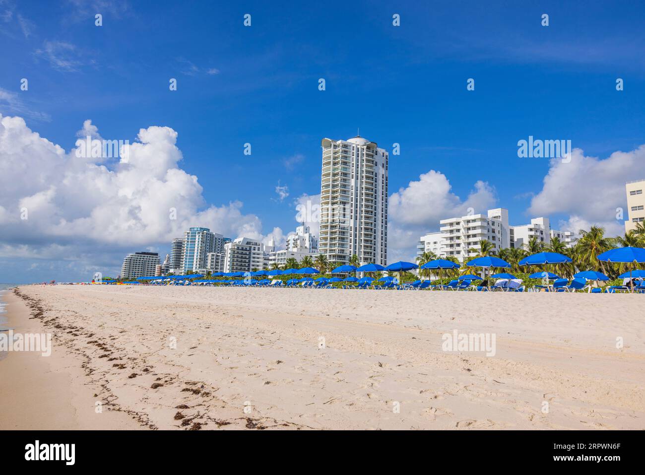 Beautiful view at Miami Beach skyscrapers on blue sky with puffy white ...