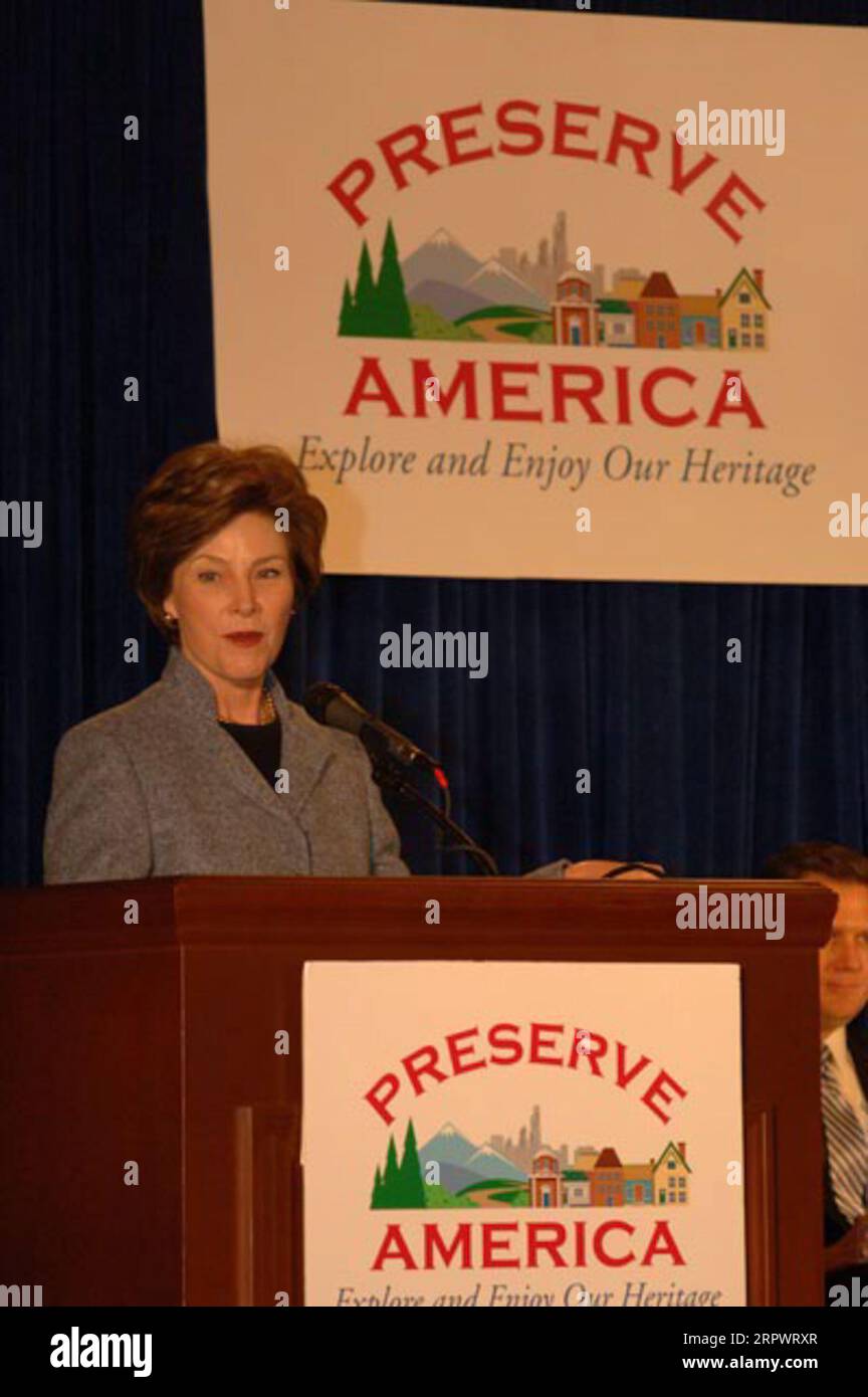 First Lady Laura Bush speaking at Capitol Hill ceremony, Washington, D ...