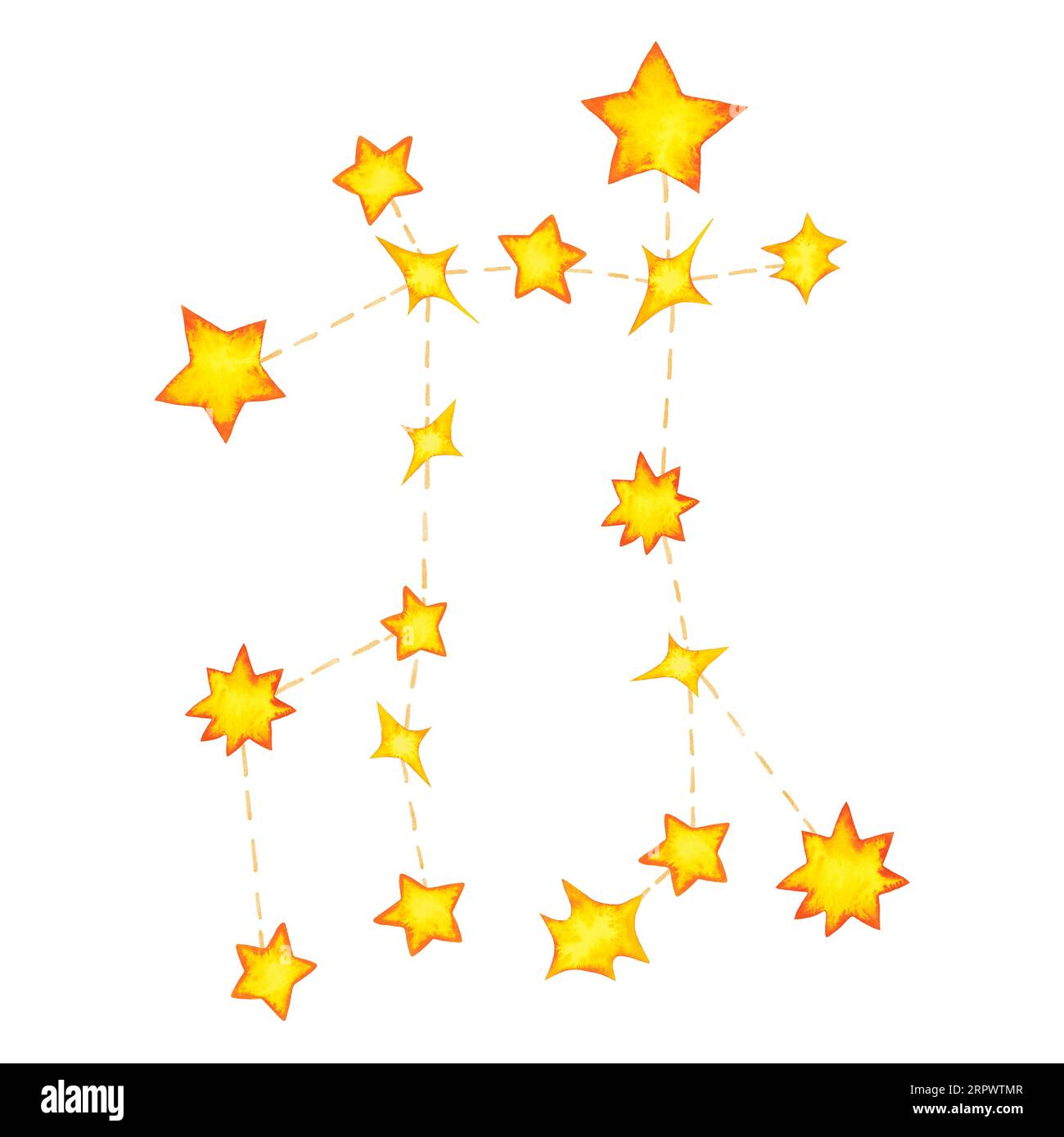 Gemini constellation. Watercolour Zodiac Sign. Yellow stars. Hand drawn ...