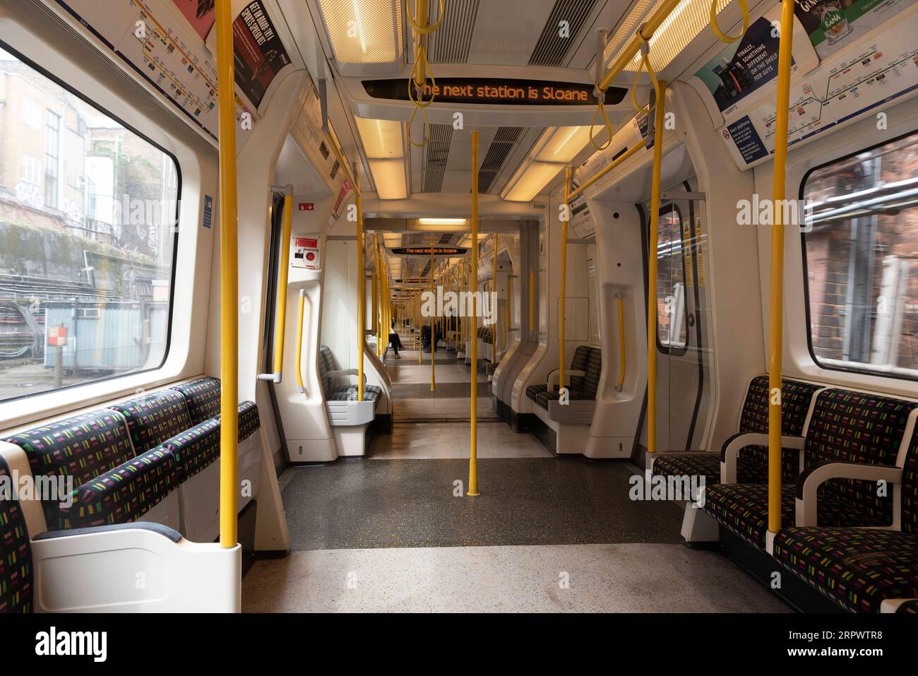 200501 -- LONDON, May 1, 2020 -- Few passengers ride a subway train in ...