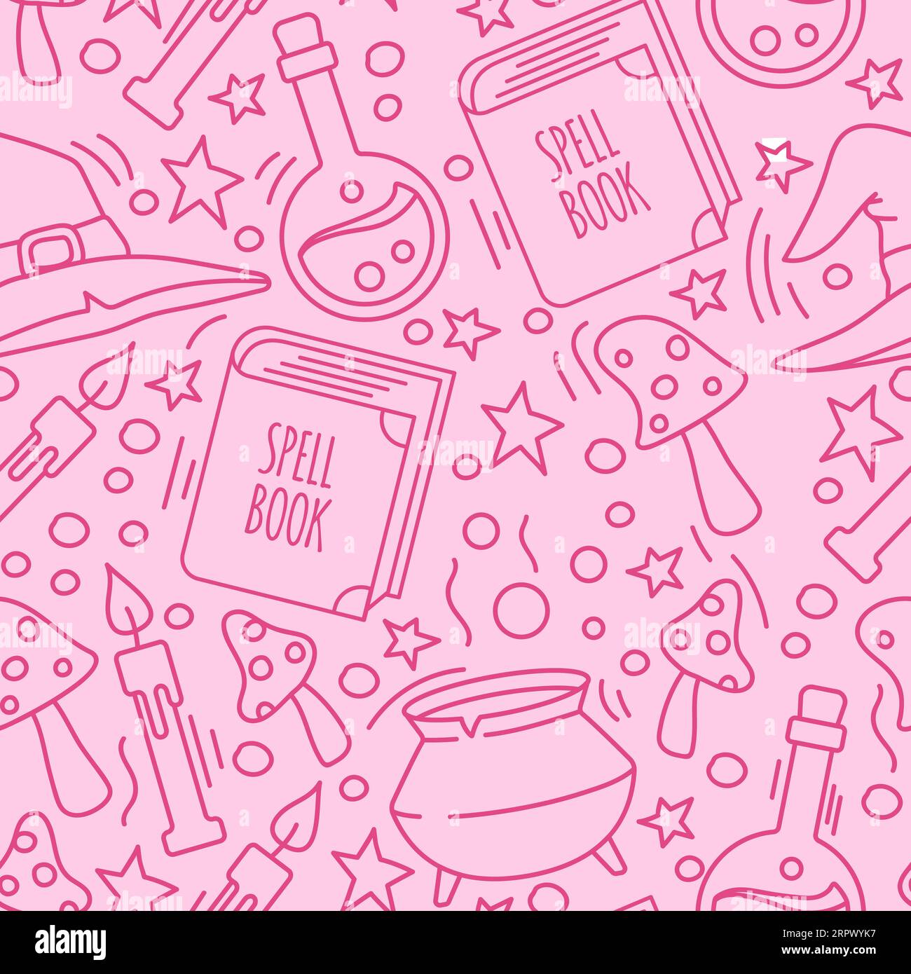 Seamless pink Halloween pattern. Spell book, potion, mushrooms ...