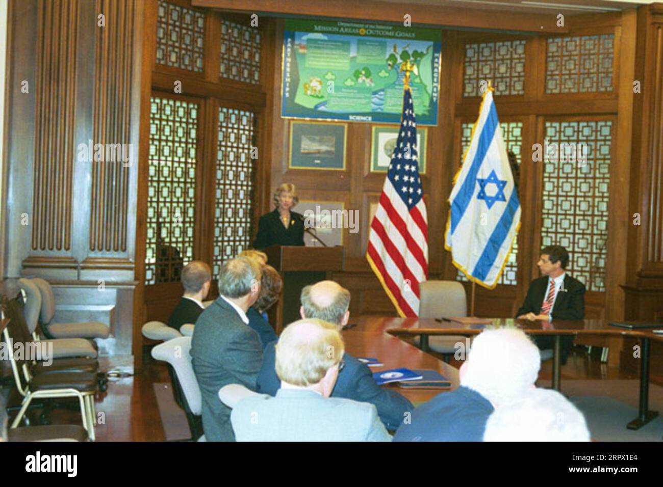 Secretary Gale Norton speaking at podium, with Israel's Ambassador to ...